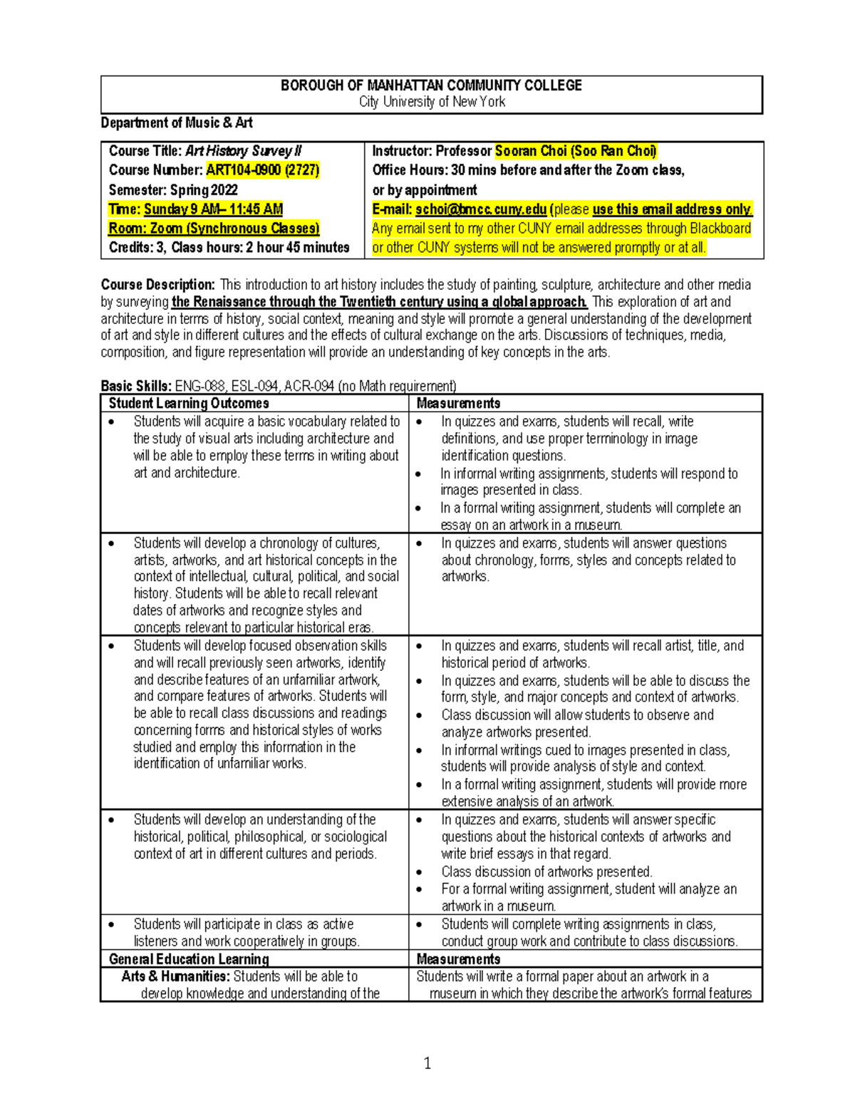 ART 104 SP 22 BMCC 9AM SUN(1) - Department of Music & Art Course ...