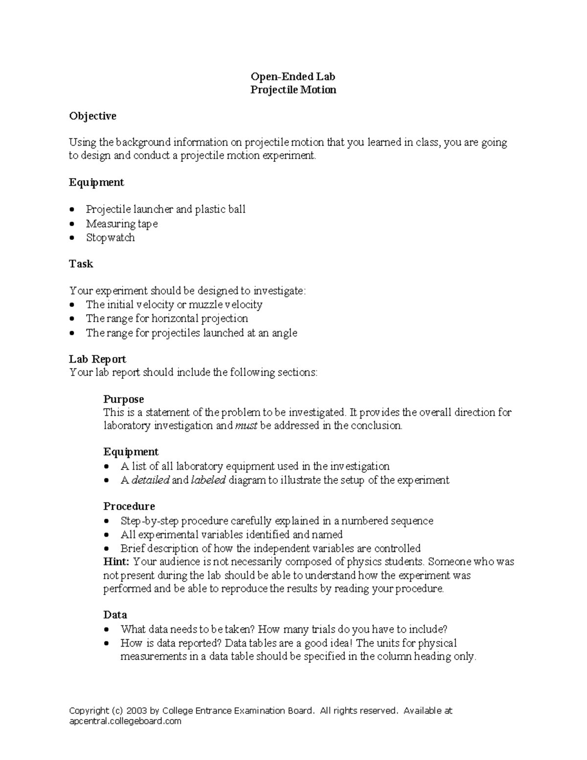 Ap03 project motion o 30849 - Open-Ended Lab Projectile Motion ...