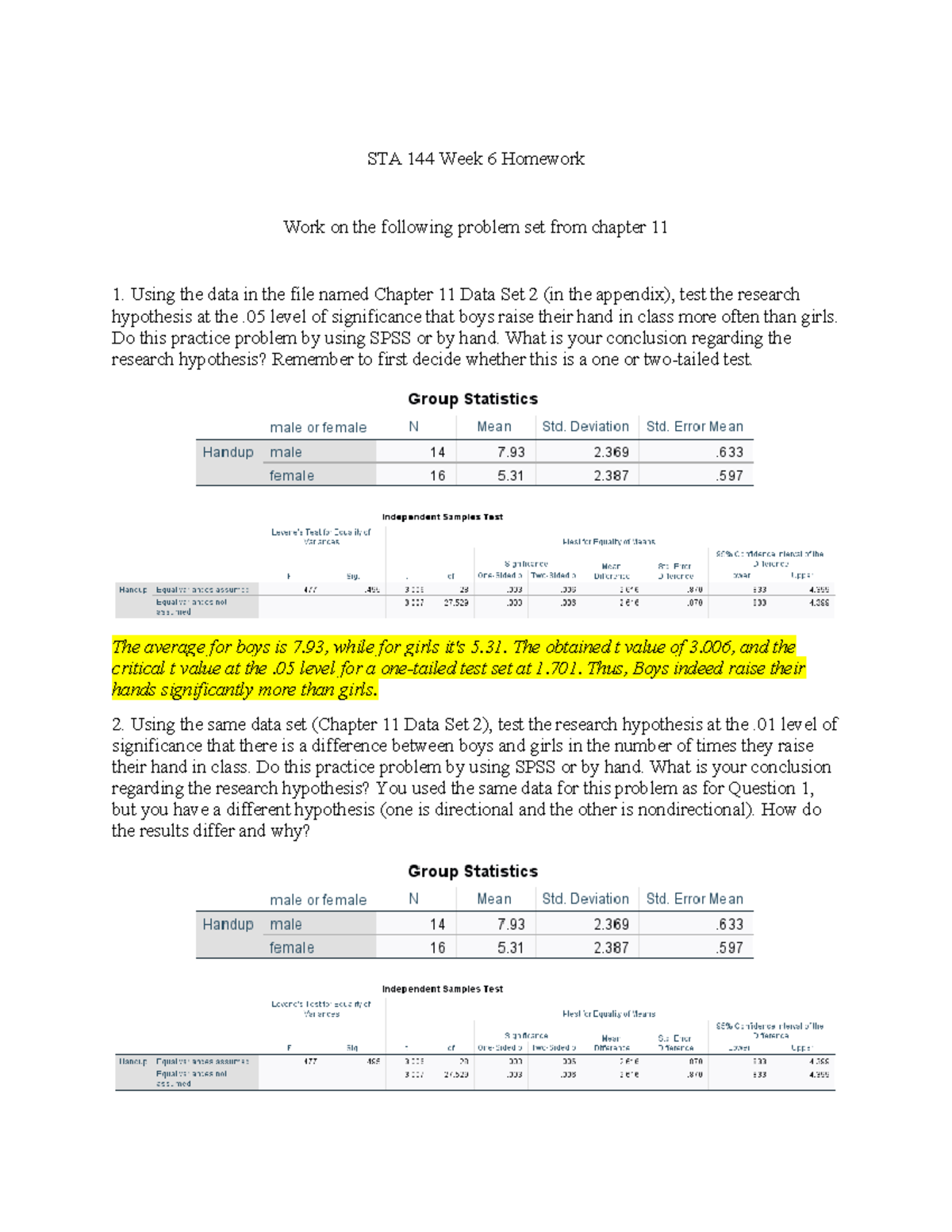 STA 144 Week 6 Homework - WEEK 6 - STA 144 Week 6 Homework Work on the ...