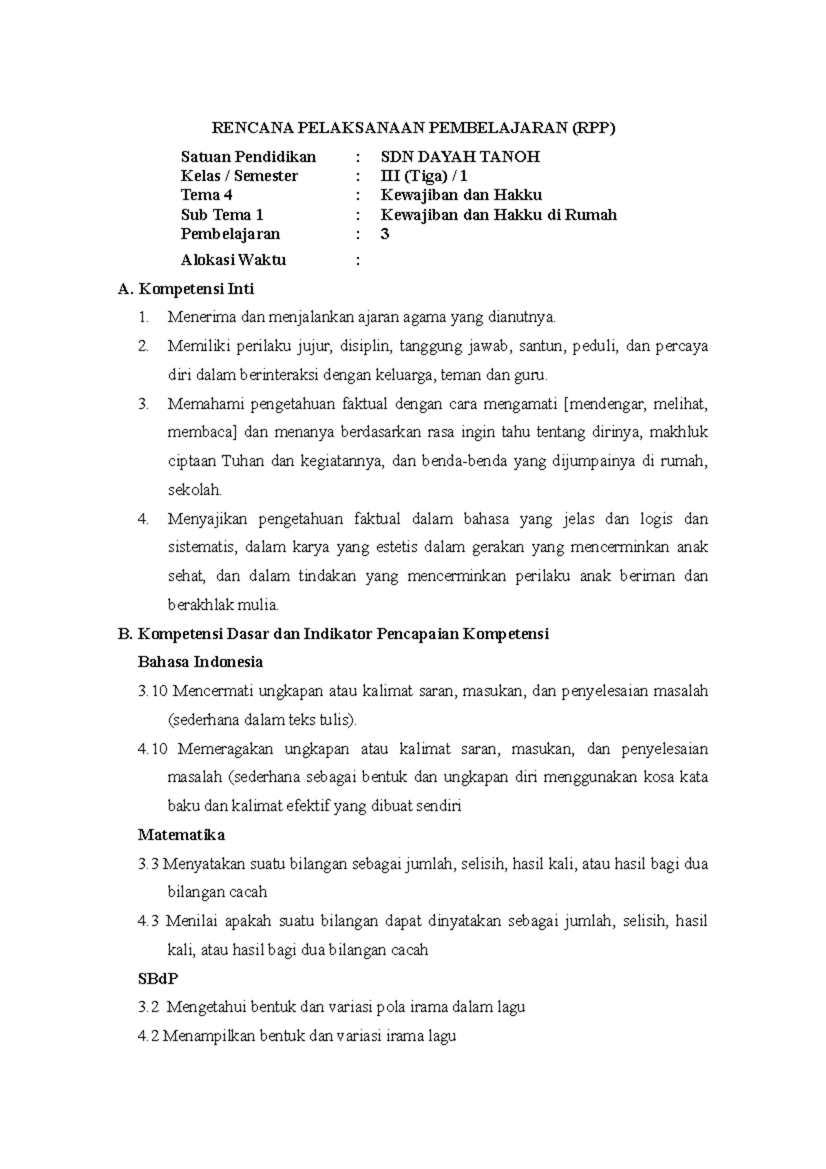 RPP kelas 3 EDIT - gdf - RENCANA PELAKSANAAN PEMBELAJARAN (RPP) Satuan ...