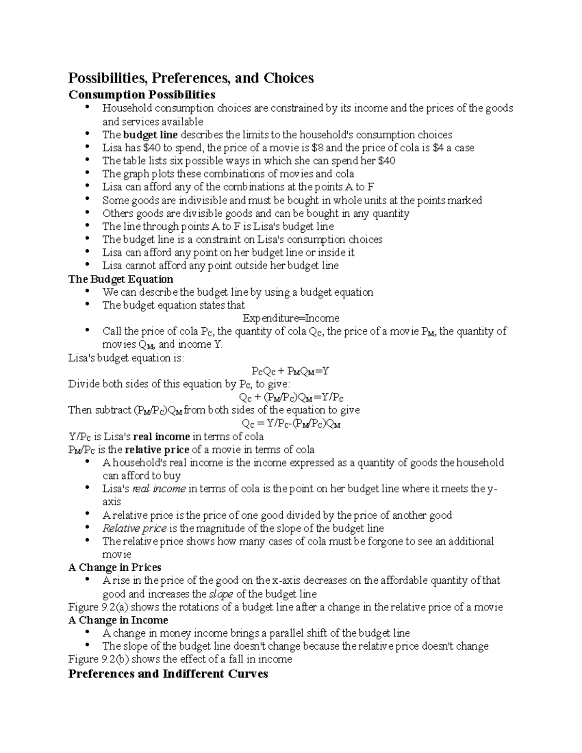 1021 Lecture 9 - Possibilities, Preferences, and Choices Consumption Possibilities Household ...