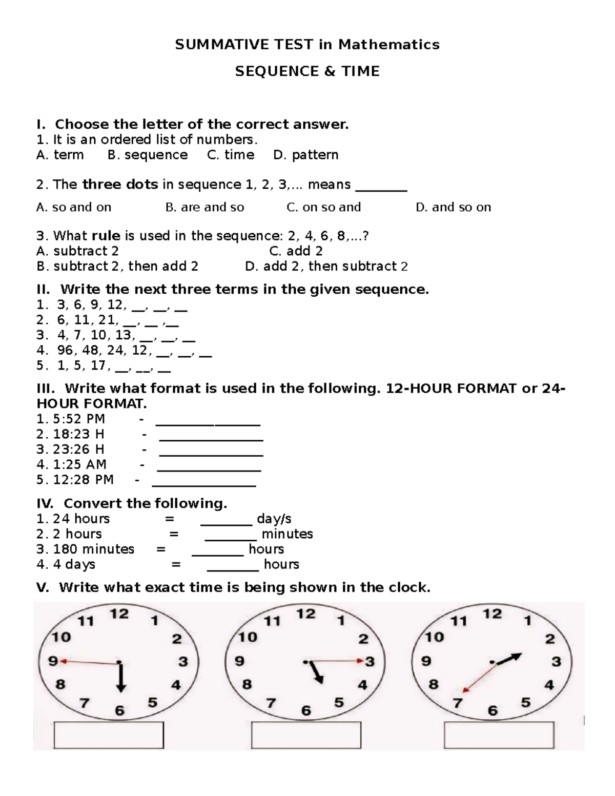 Sequence and Time - SUMMATIVE TEST in Mathematics SEQUENCE & TIME I ...