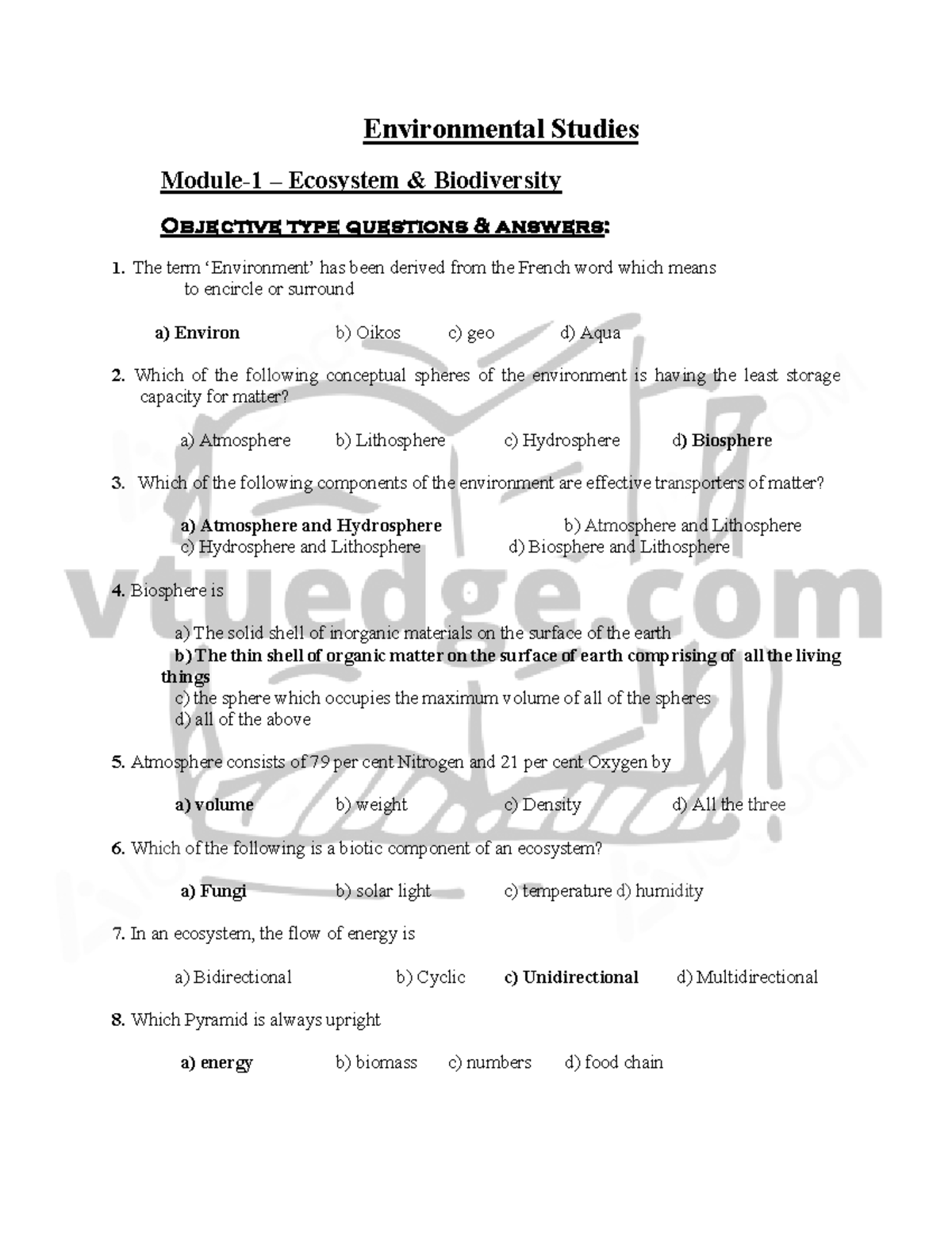 EVS MCQ Vtuedge - Notes - Environmental Studies Module-1 – Ecosystem ...