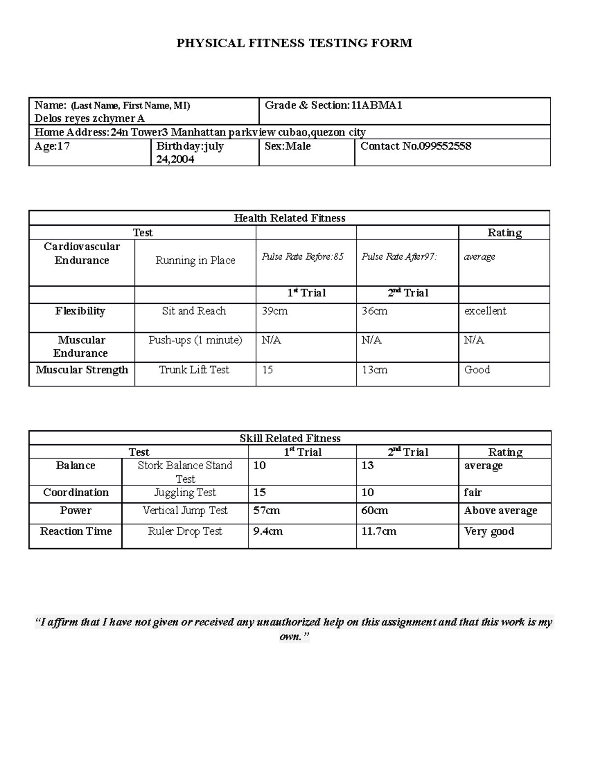 Physical Fitness Testing FORM - PHYSICAL FITNESS TESTING FORM Name ...