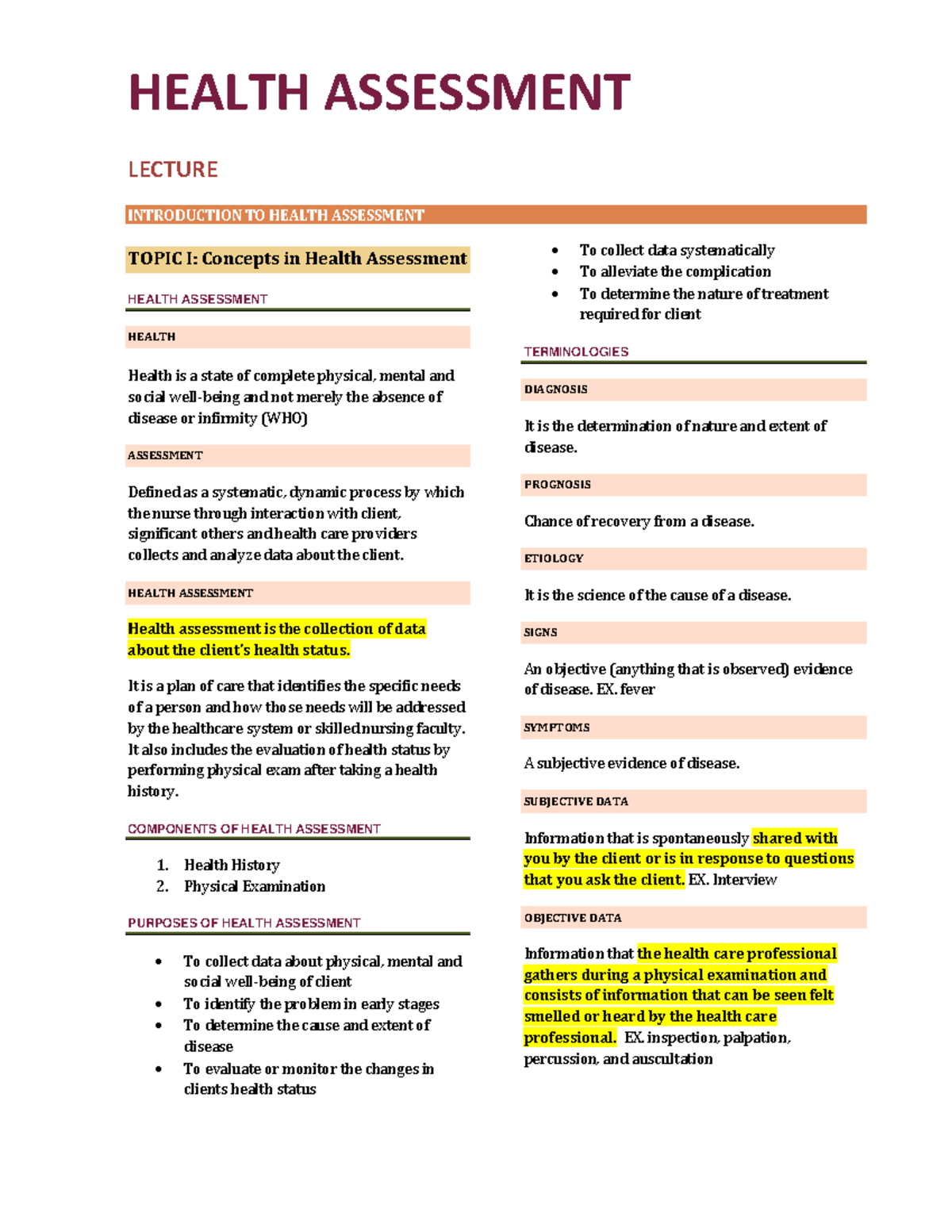 Health Assessment - HEALTH ASSESSMENT LECTURE INTRODUCTION TO HEALTH ...