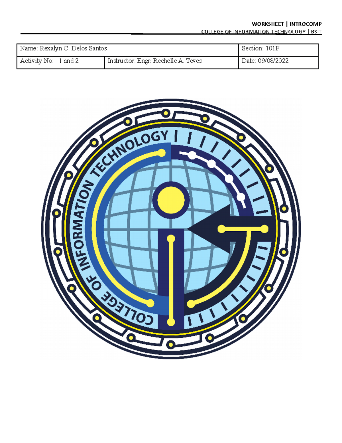 Introcomp Worksheet Assignment - accountancy - WORKSHEET I INTROCOMP COLLEGE OF INFORMATION ...