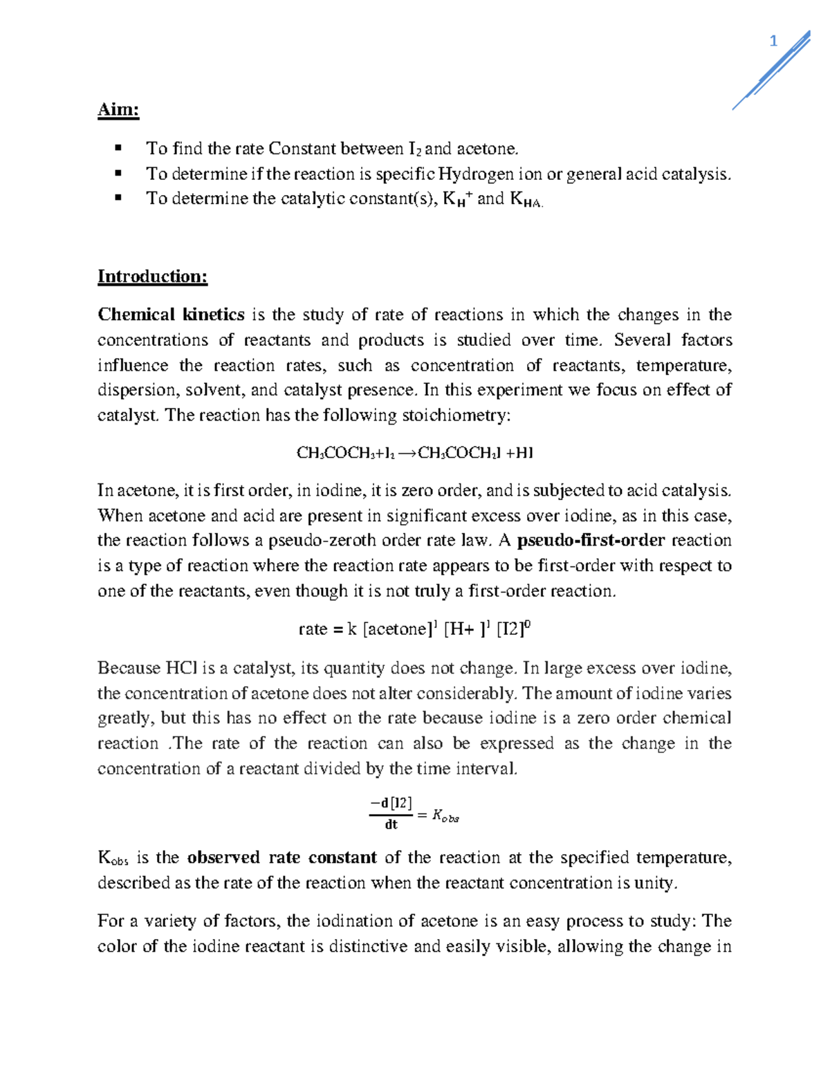 Chemy 332 Experiment 1 - Aim: To find the rate Constant between I 2 and ...