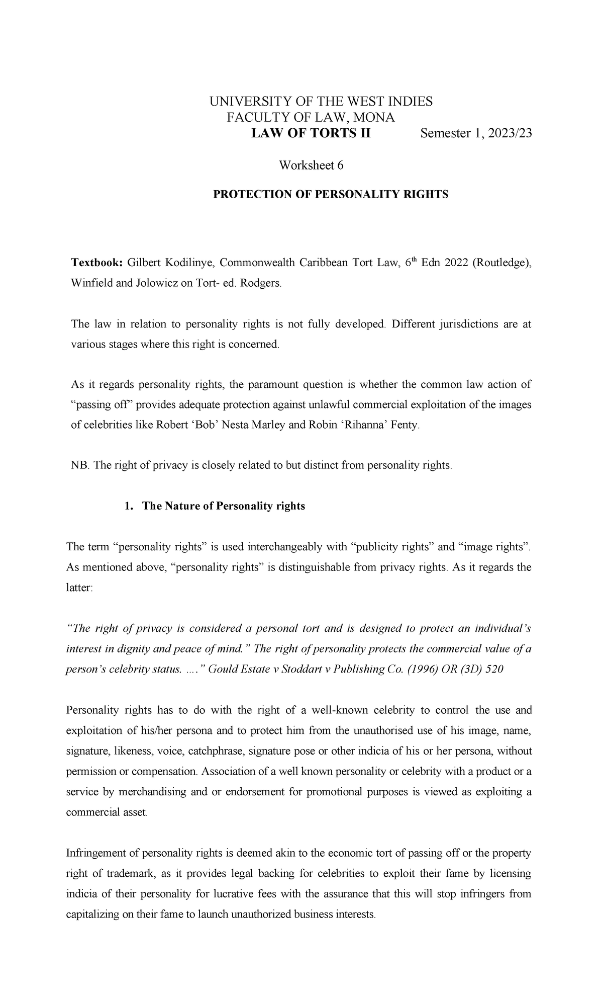 Tort II- Worksheet 6 - read for classes - UNIVERSITY OF THE WEST INDIES ...