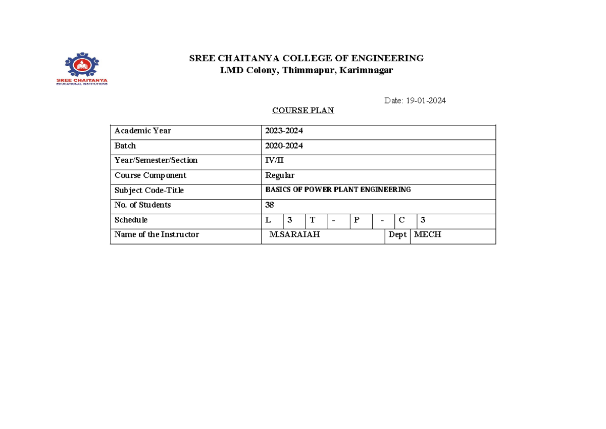 BPPE Course PLAN 2023-24 - SREE CHAITANYA COLLEGE OF ENGINEERING LMD ...