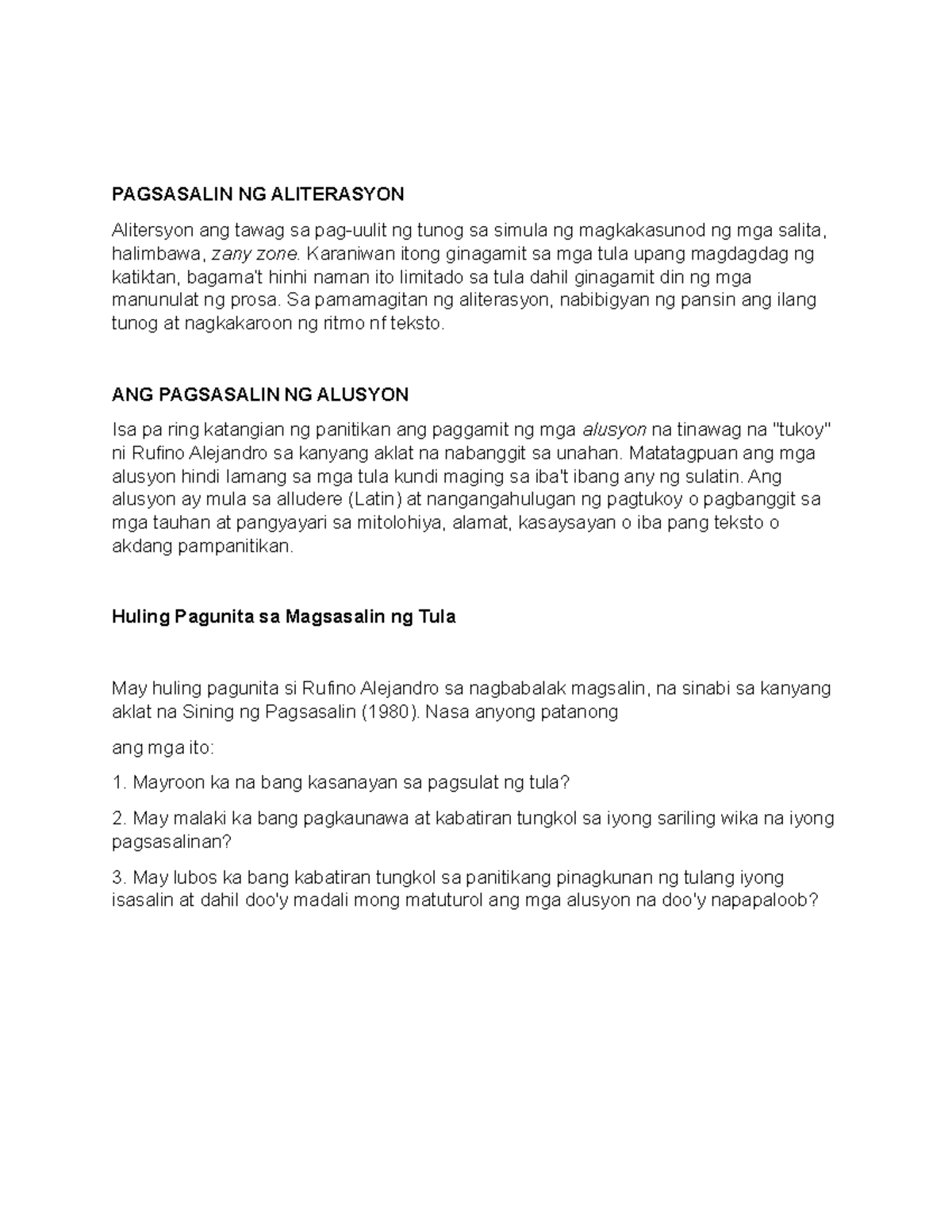 Berry - mmm - PAGSASALIN NG ALITERASYON Alitersyon ang tawag sa pag ...