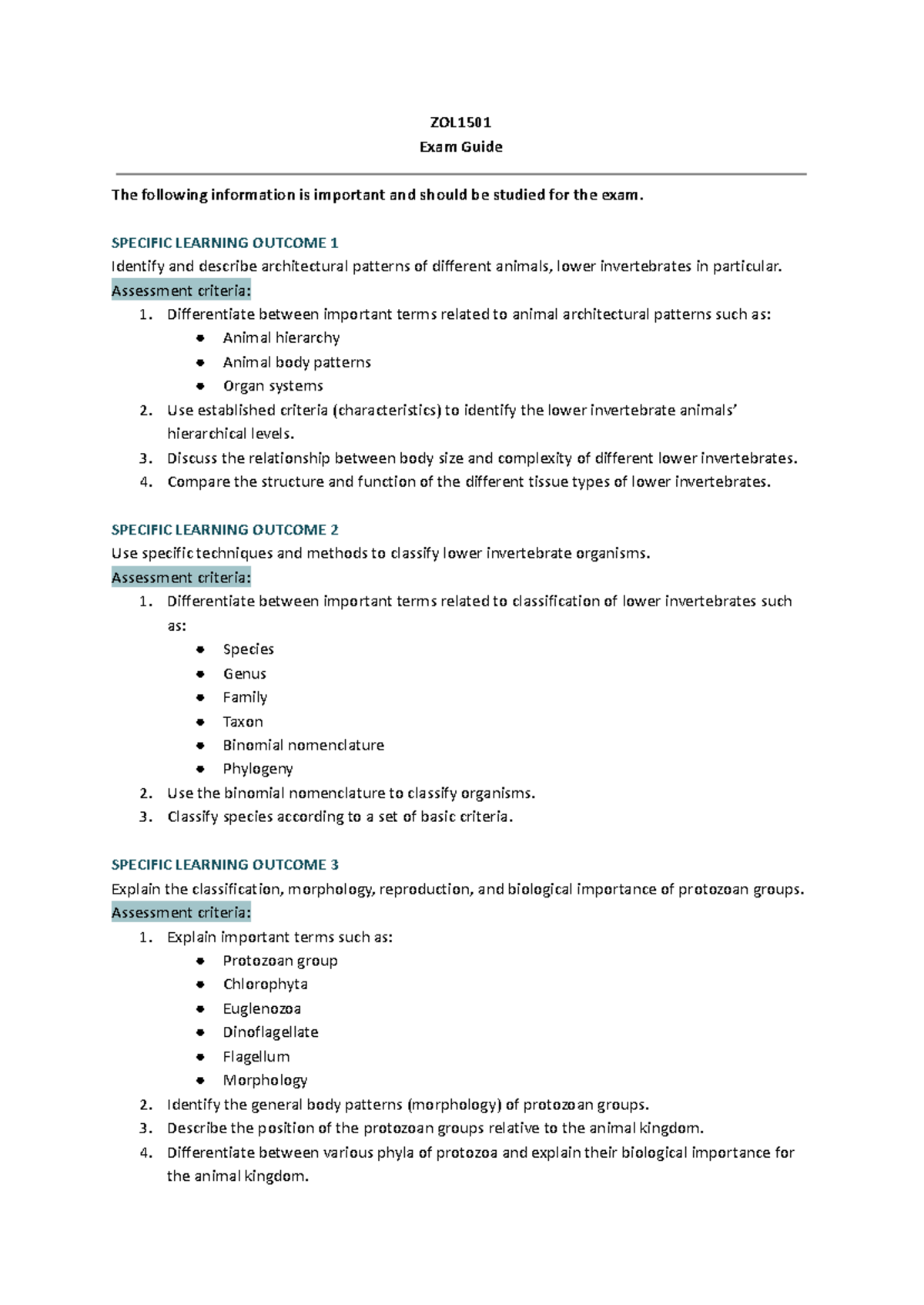ZOL1501 EXAM Guide - Gives an overview of what is important for the ...