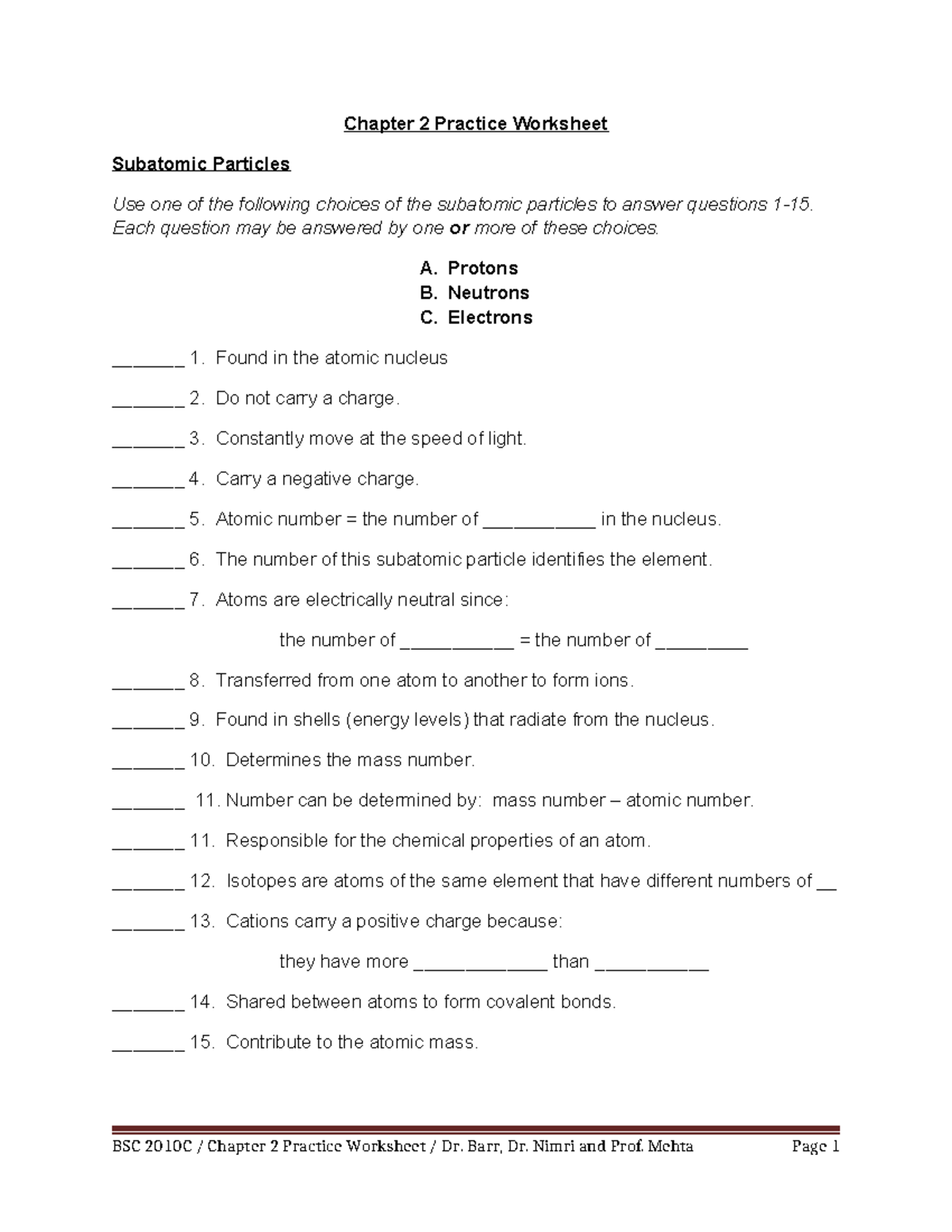 Practice Worksheet Chapter 2 - Chapter 2 Practice Worksheet Subatomic ...