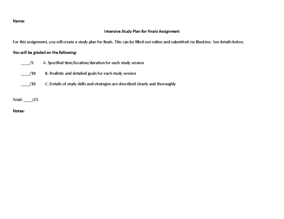 Finals Study Plan - Name: Intensive Study Plan for Finals Assignment ...