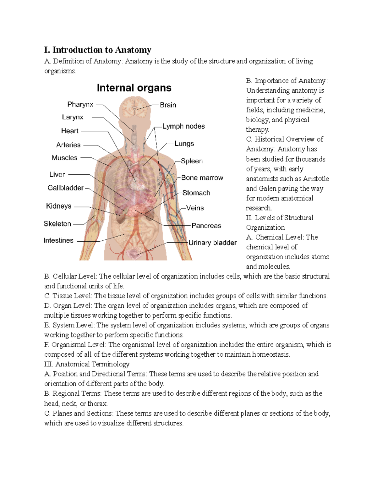 Introduction TO Anatomy - I. Introduction to Anatomy A. Definition of ...