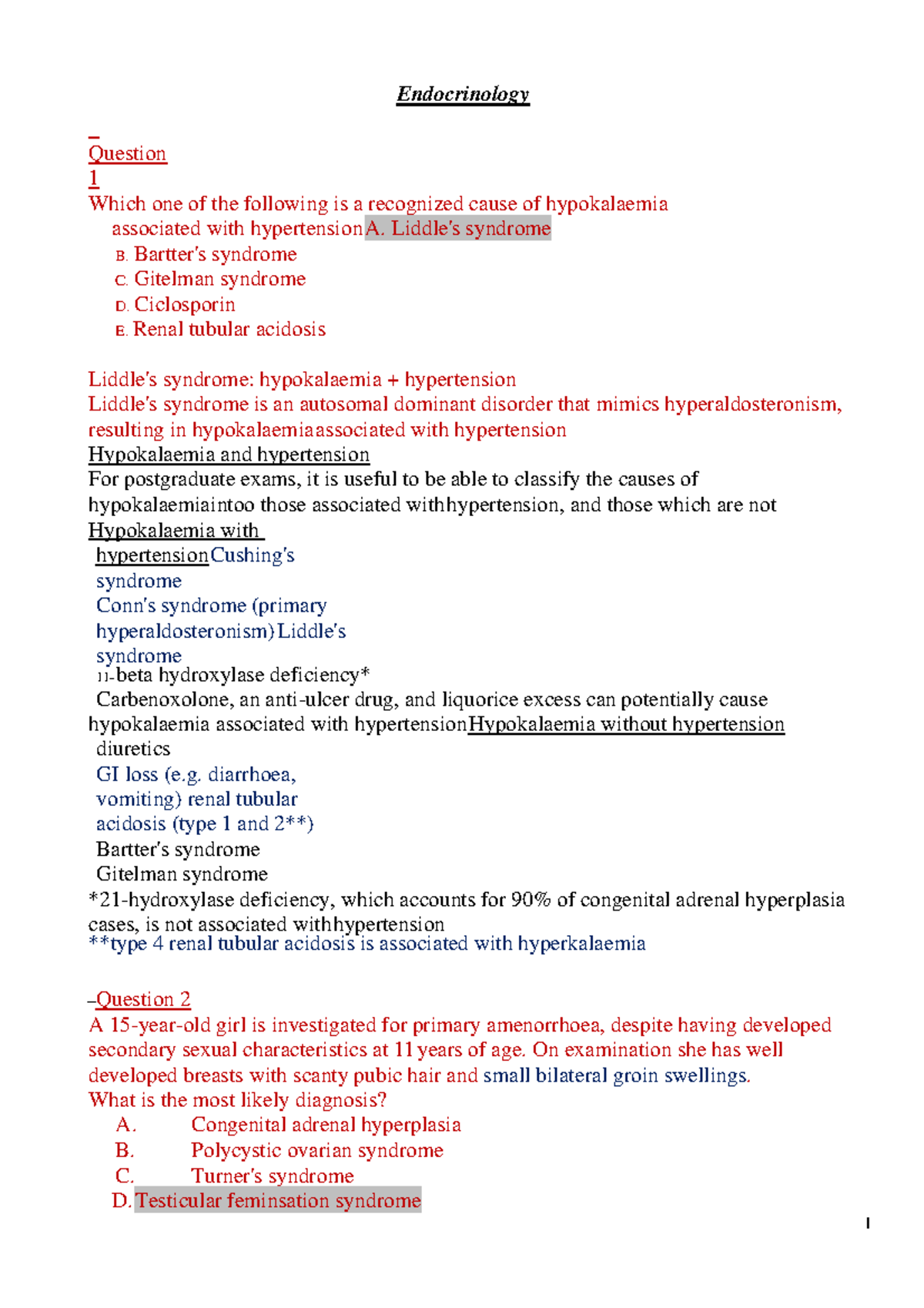 Endocrinology Study Guide - Question 1 Endocrinology Which one of the ...