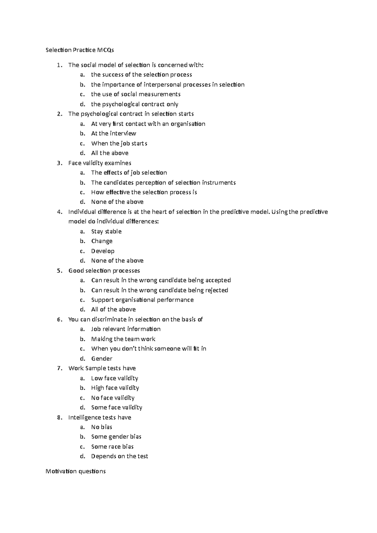 MCQ Practice test questions Revised 2020 2021 - Selection Practice MCQs ...