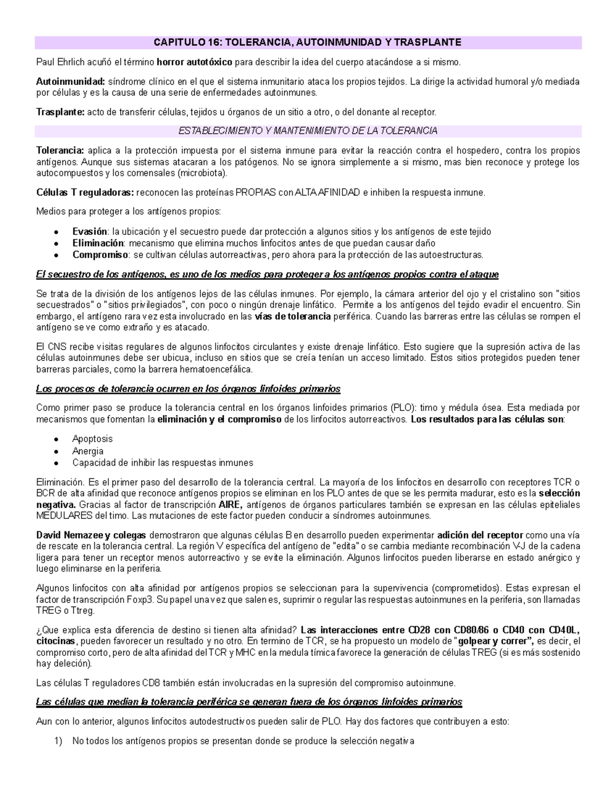 Capitulo 16 Resumen Kuby Inmunología Capitulo 16 Tolerancia
