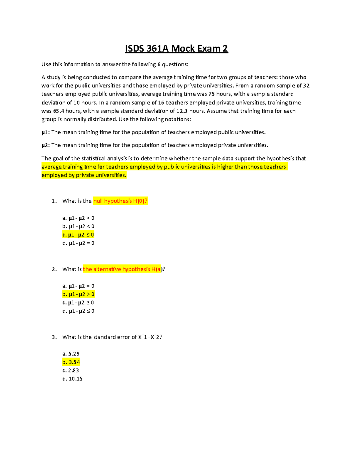 Mock exam 2 - mock exam practice questions - ISDS 361A Mock Exam 2 Use ...