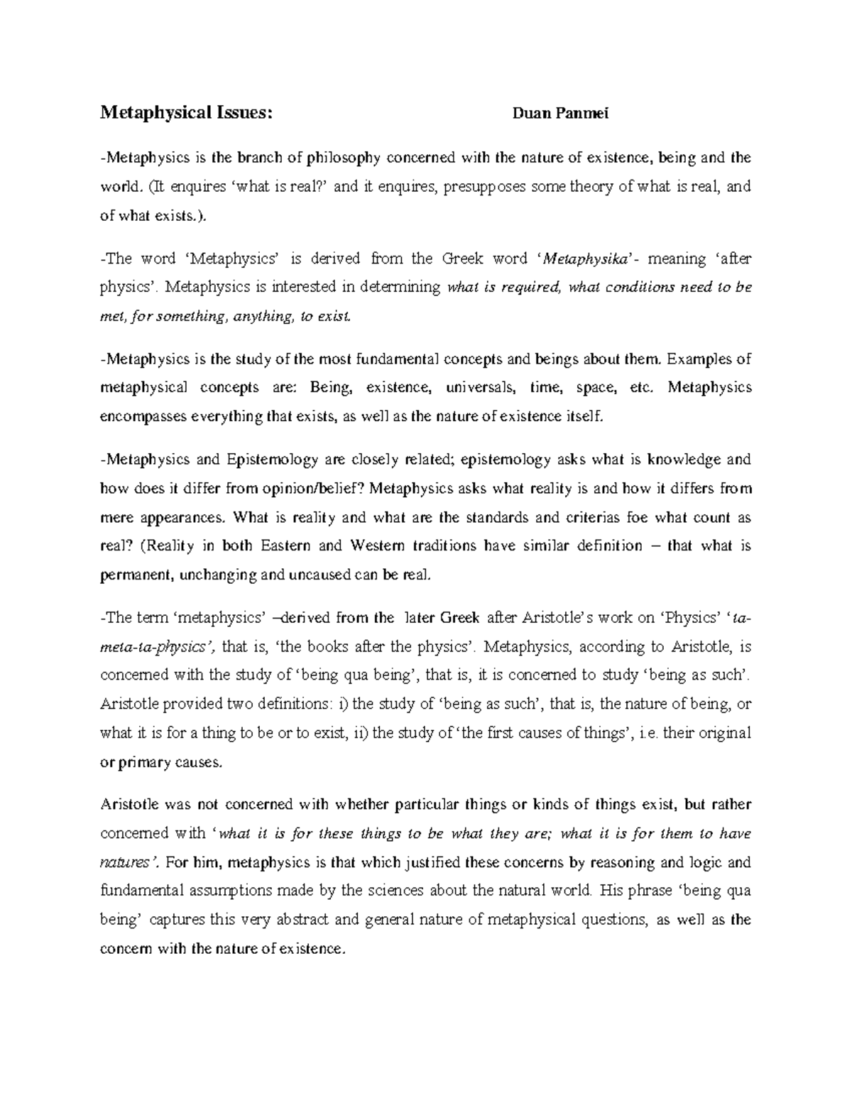 Metaphysics summary - Metaphysical Issues: Duan Panmei Metaphysics is ...