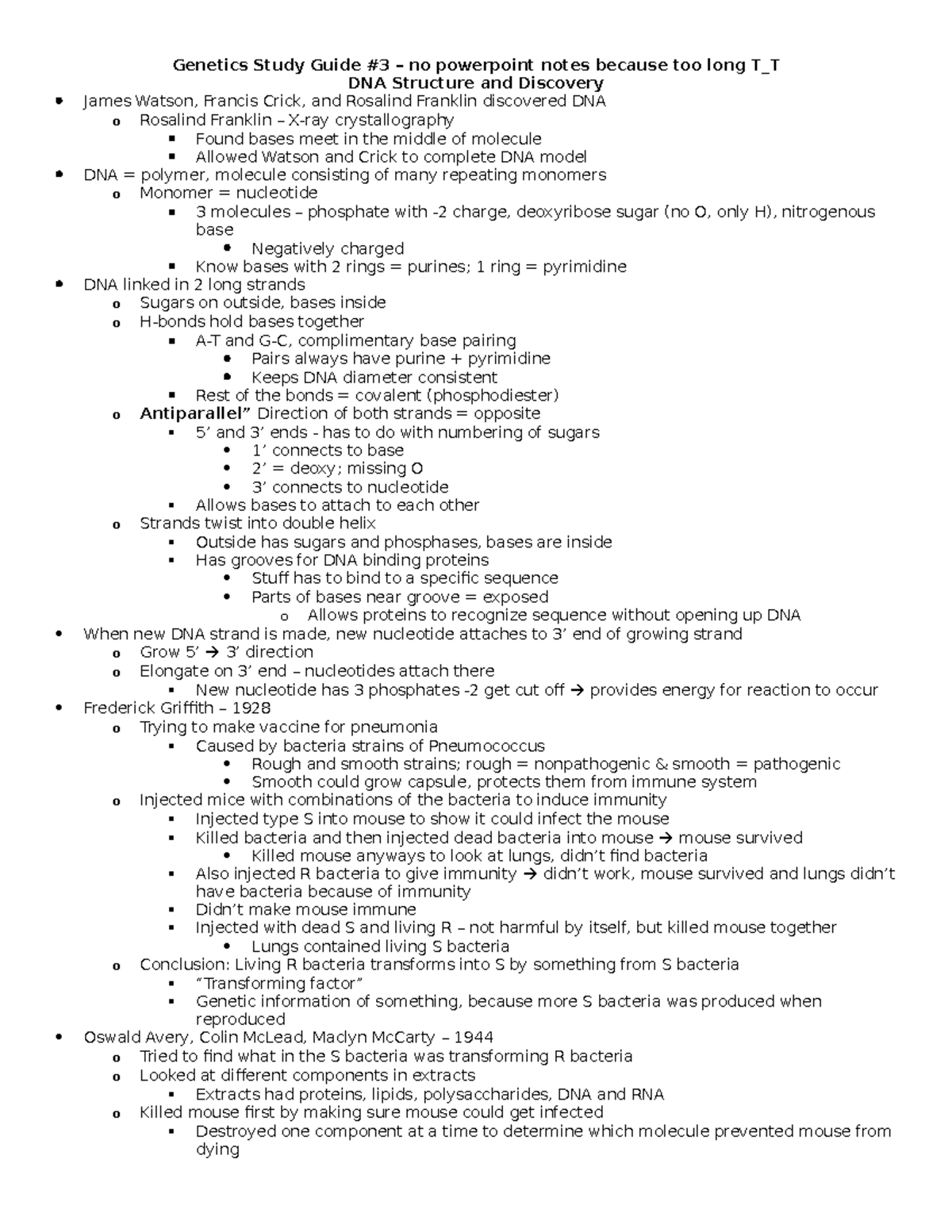 Genetics Study Guide 3 - Professor: Merk Topics Covered: DNA Structure ...