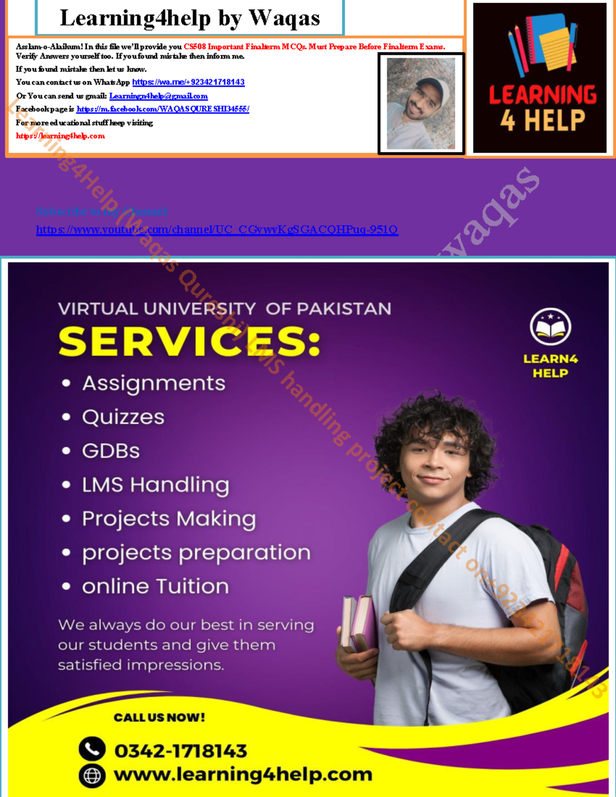 CS508 Important MCQs By Learning 4Help (Waqas Qureshi) - ` Subscribe to my Channel: - Studocu