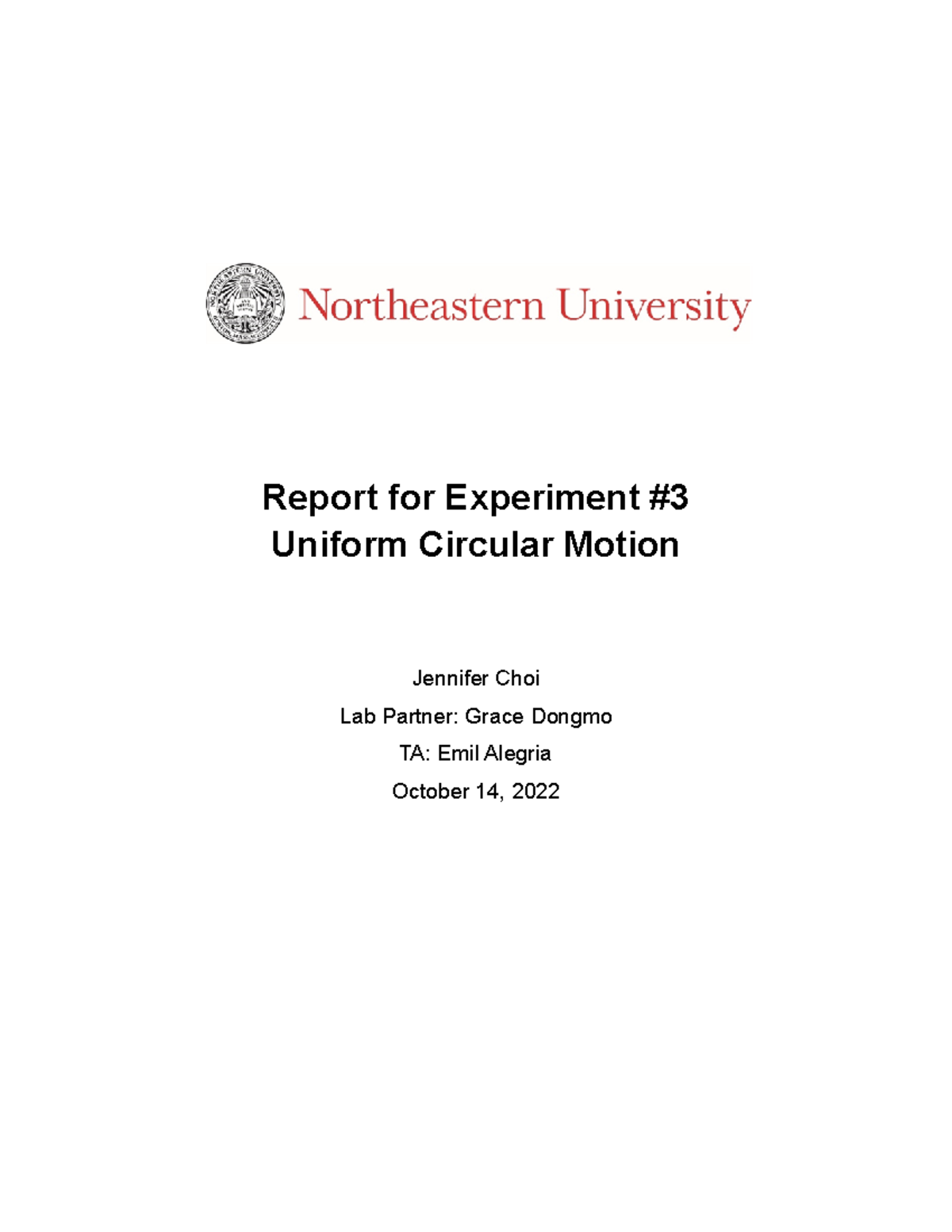 Lab #3- Uniform Circular Motion - Report for Experiment Uniform ...