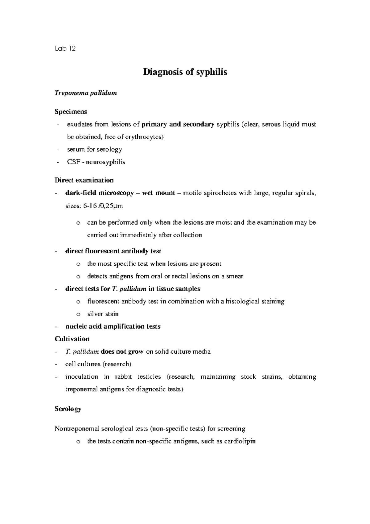12 spirochetes, M tbc - Lab 12 Diagnosis of syphilis Treponema pallidum ...