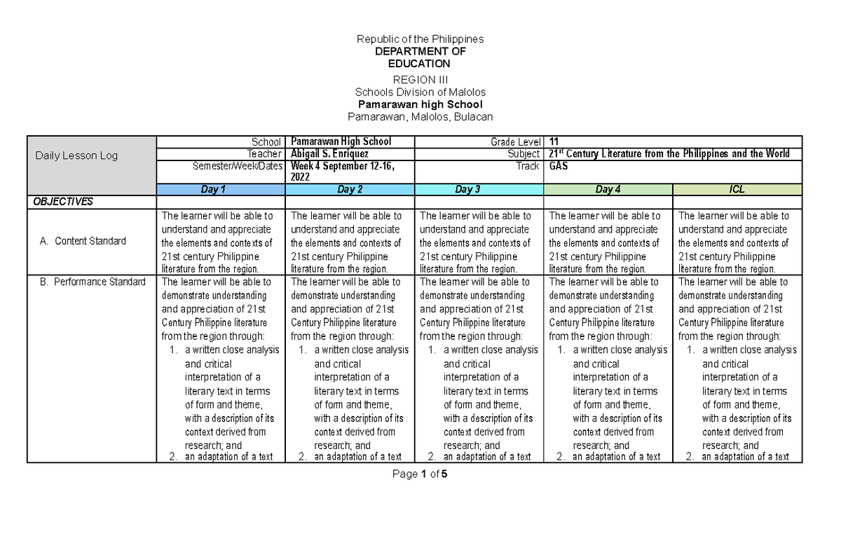 DLL WEEK 1 - daily lesson log in 21st century literature - Republic of ...