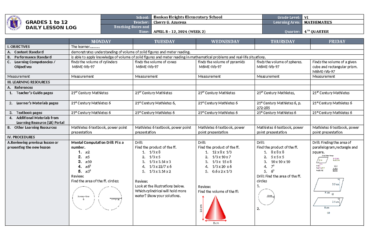 DLL Mathematics 6 Q4 W2 - eee - GRADES 1 to 12 DAILY LESSON LOG School ...