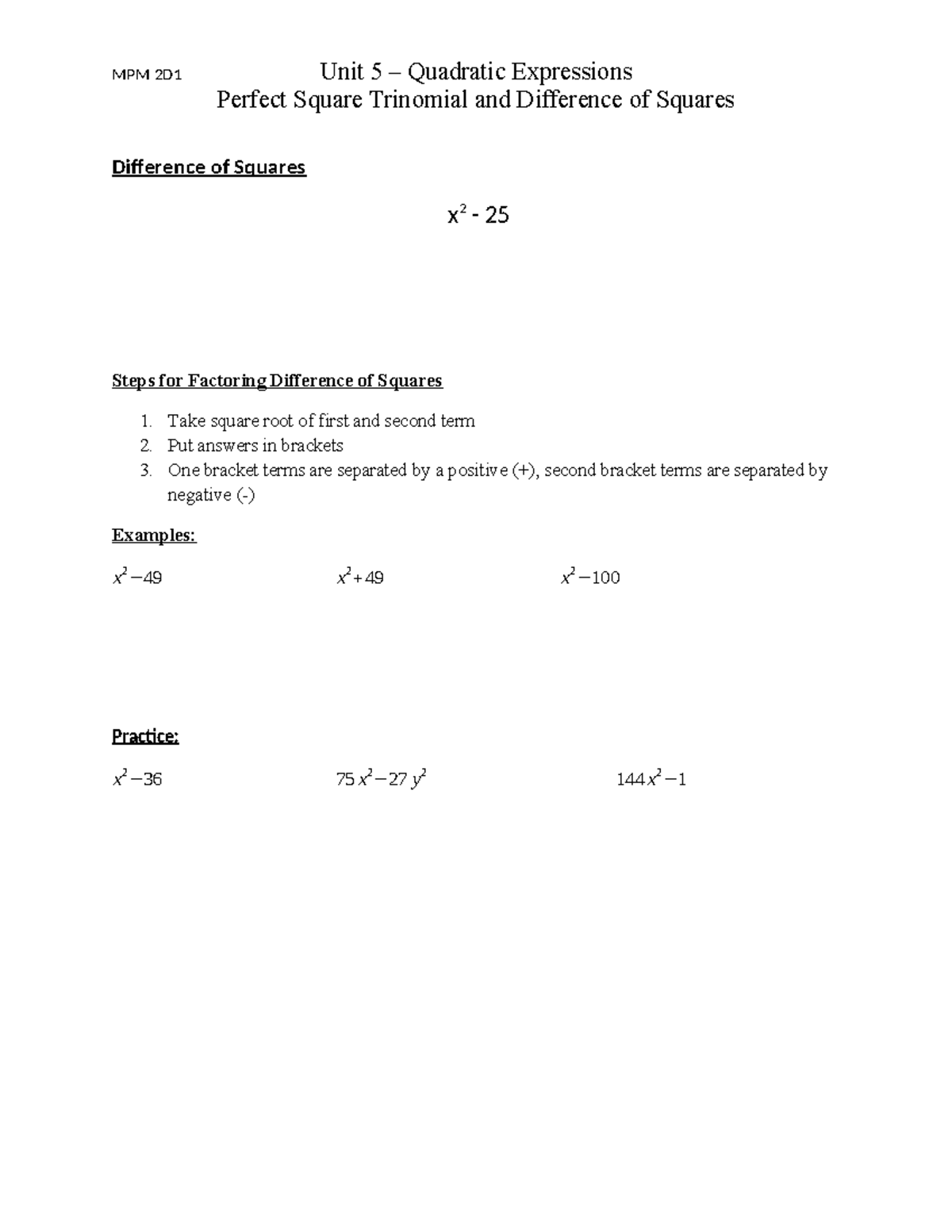 Perfect Square Trinomial And Difference Of Squares MPM 2D1 Unit 5 perfect-square-trinomial-and-difference-of-squares-mpm-2d1-unit-5
