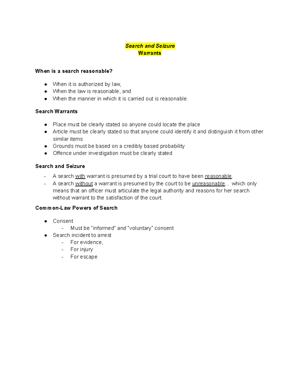 Crime and Criminal Justice lecture notes - Search and Seizure Warrants ...