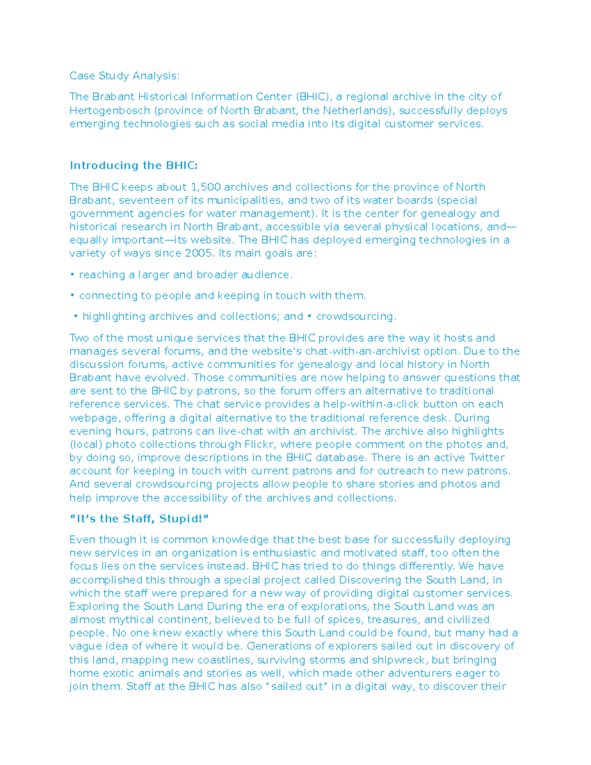 Assignment 2 Case Study - Case Study Analysis: The Brabant Historical Information Center (BHIC ...