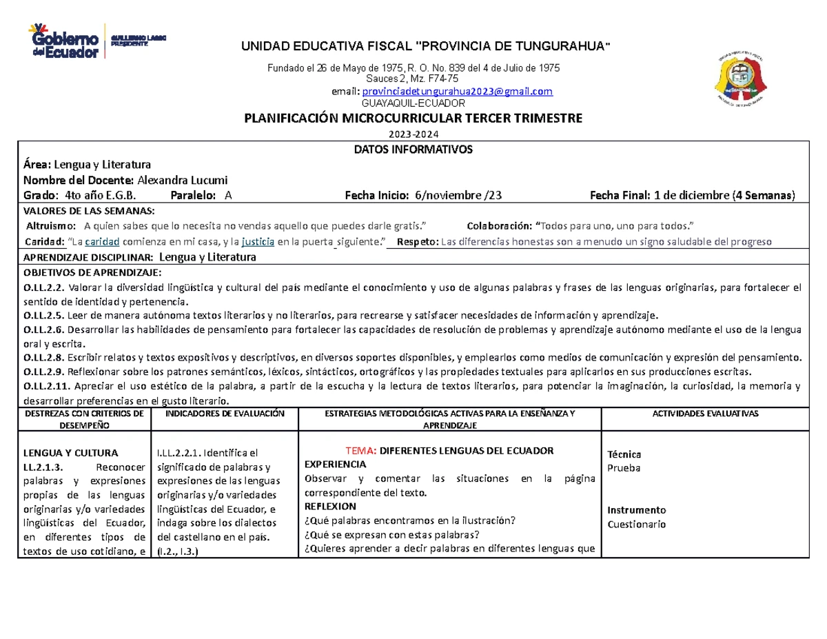 Planificación de 4 semanas del Lengua y literatura - UNIDAD EDUCATIVA ...