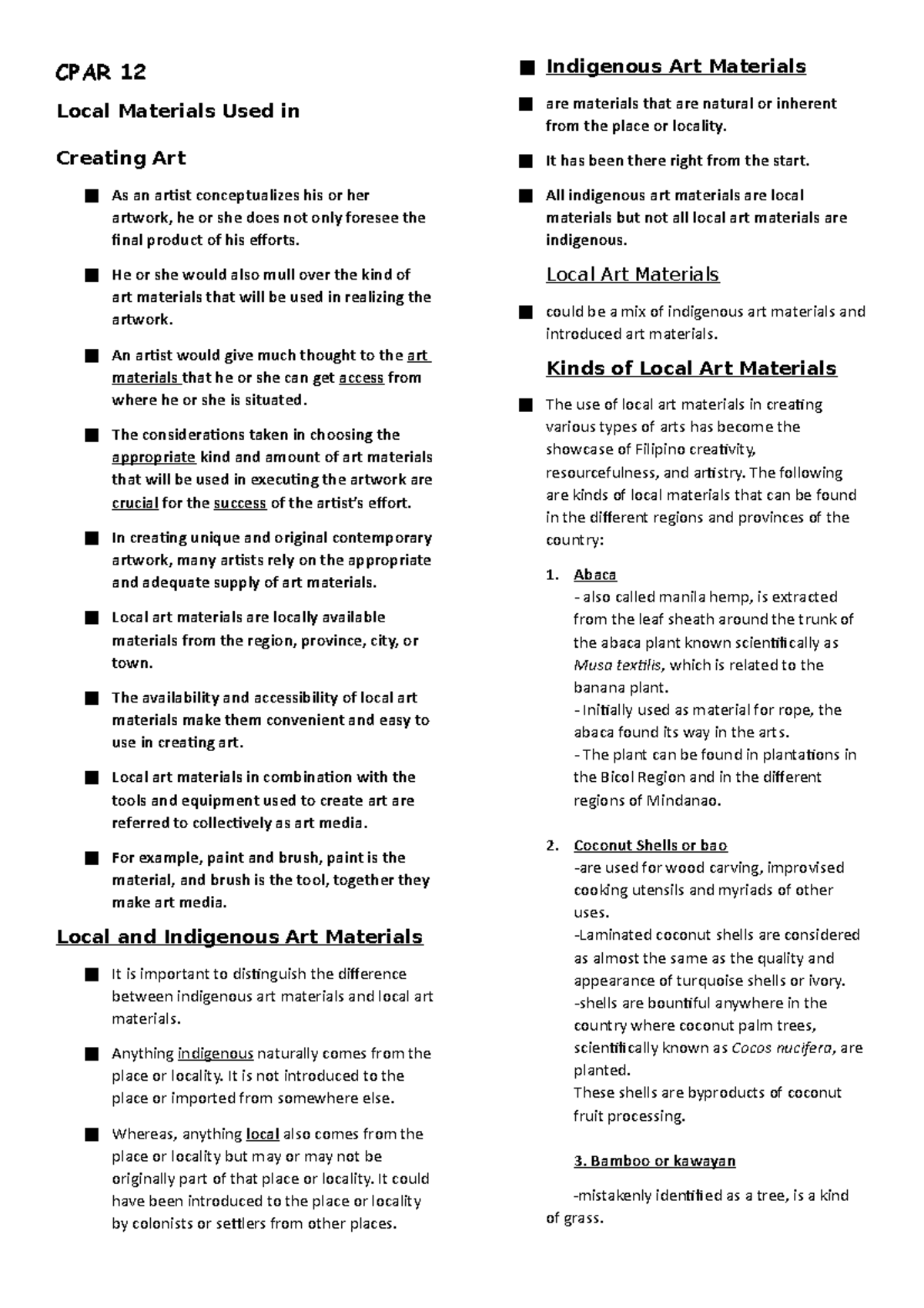 CPAR 12 - LESSON - CPAR 12 Local Materials Used in Creating Art As an ...