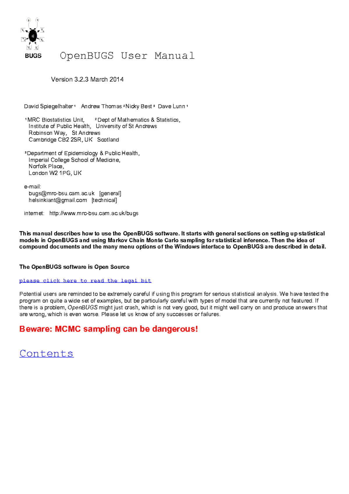 Open BUGS Manual - aazfscaqf - OpenBUGS User Manual Version 3.2 March 2014 David Spiegelhalter 1 ...