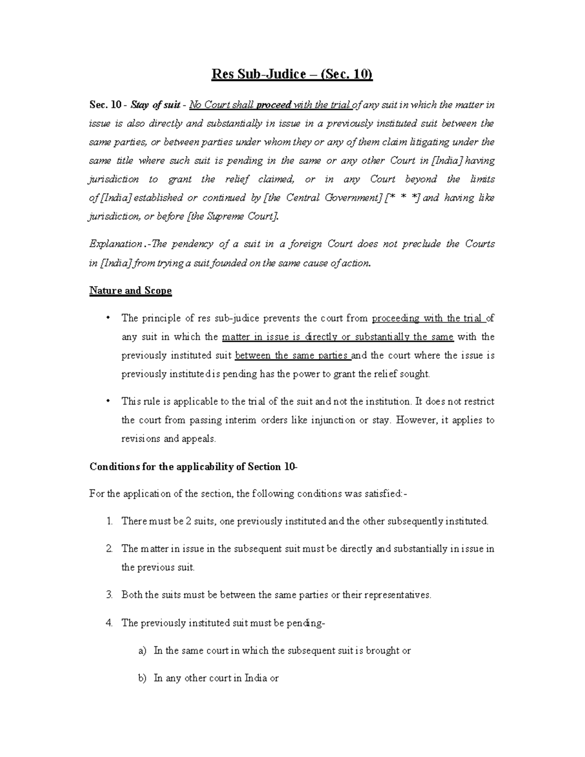 CPC Notes Unit 1- topic - Res-Sub judice - Res Sub-Judice – (Sec. 10 ...