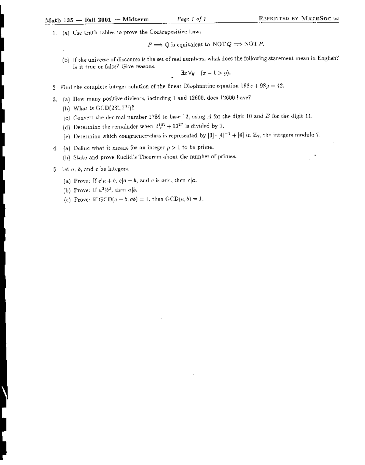 University of Waterloo Math135 Midterm 2001 Fall - Math 135 - Studocu