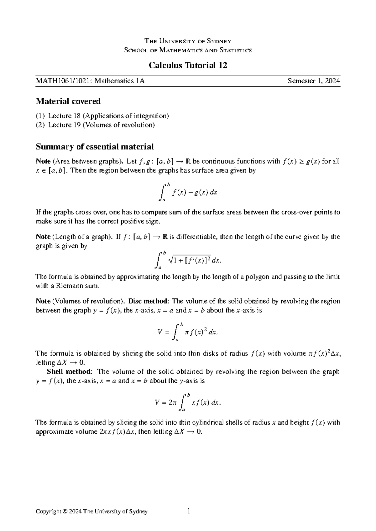 Calculus-tutorial-12 - The University of Sydney School of Mathematics ...