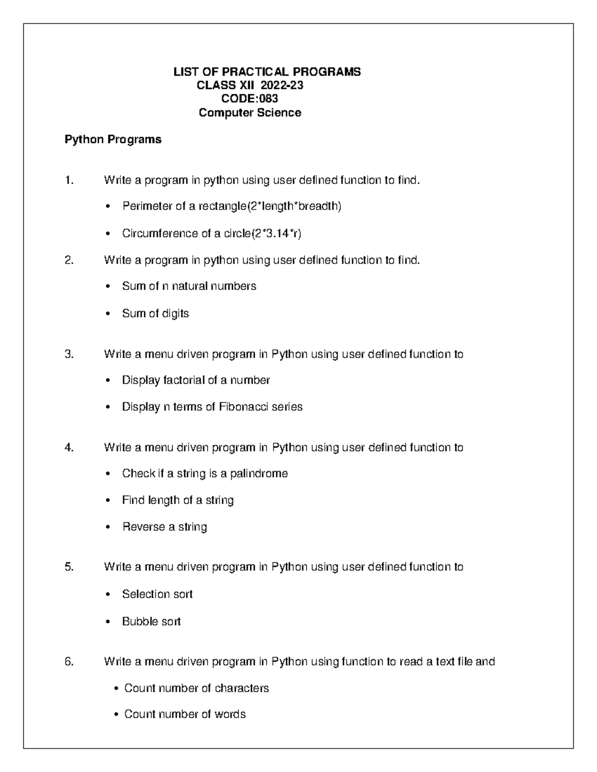 List of practical programs(python) xii 2022-23 - LIST OF PRACTICAL PROGRAMS CLASS XII 2022- CODE ...