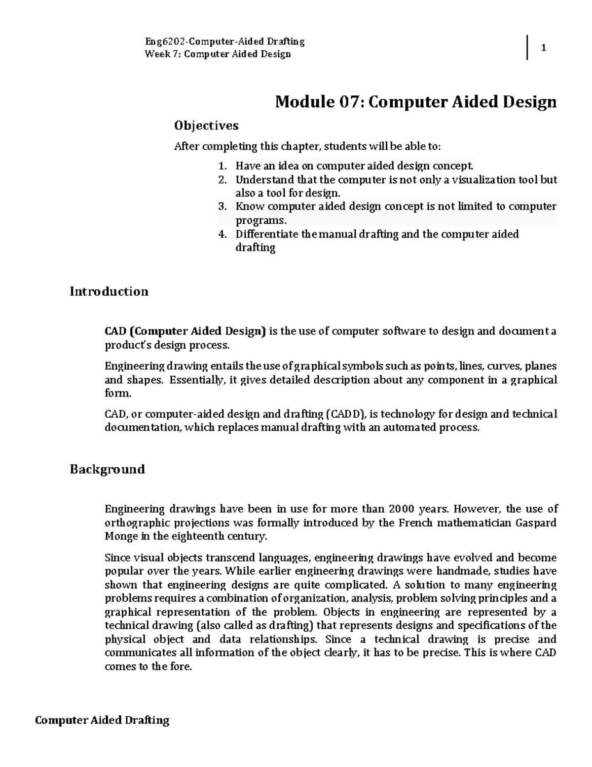 Week 7-Computer Aided Drafting - Week 7: Computer Aided Design 1 ...