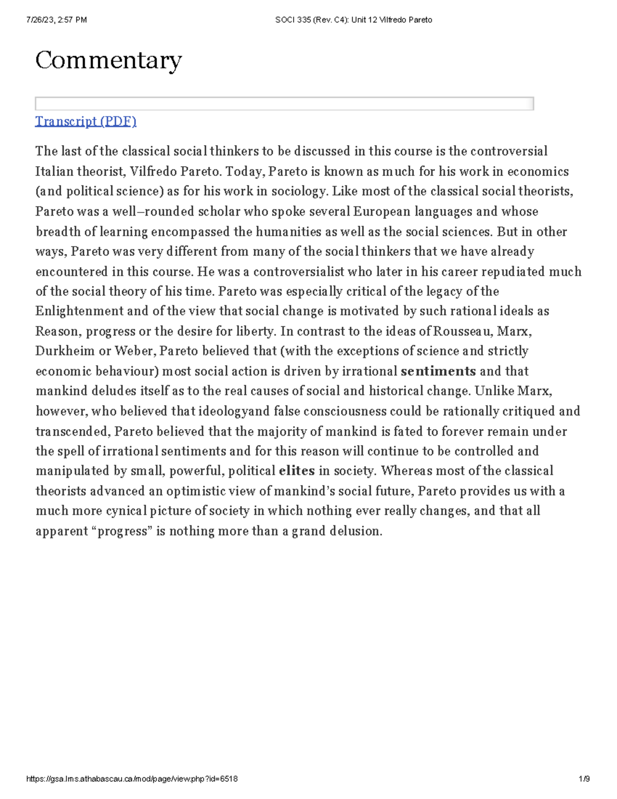 SOCI 335 (Rev. C4) Unit 12 Vilfredo Pareto - Commentary Transcript (PDF ...