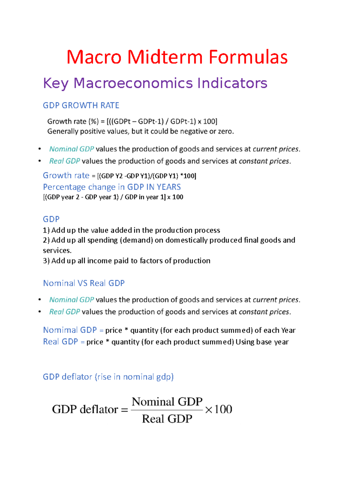 Macro Midterm Formulas - 3) Add up all income paid to factors of ...
