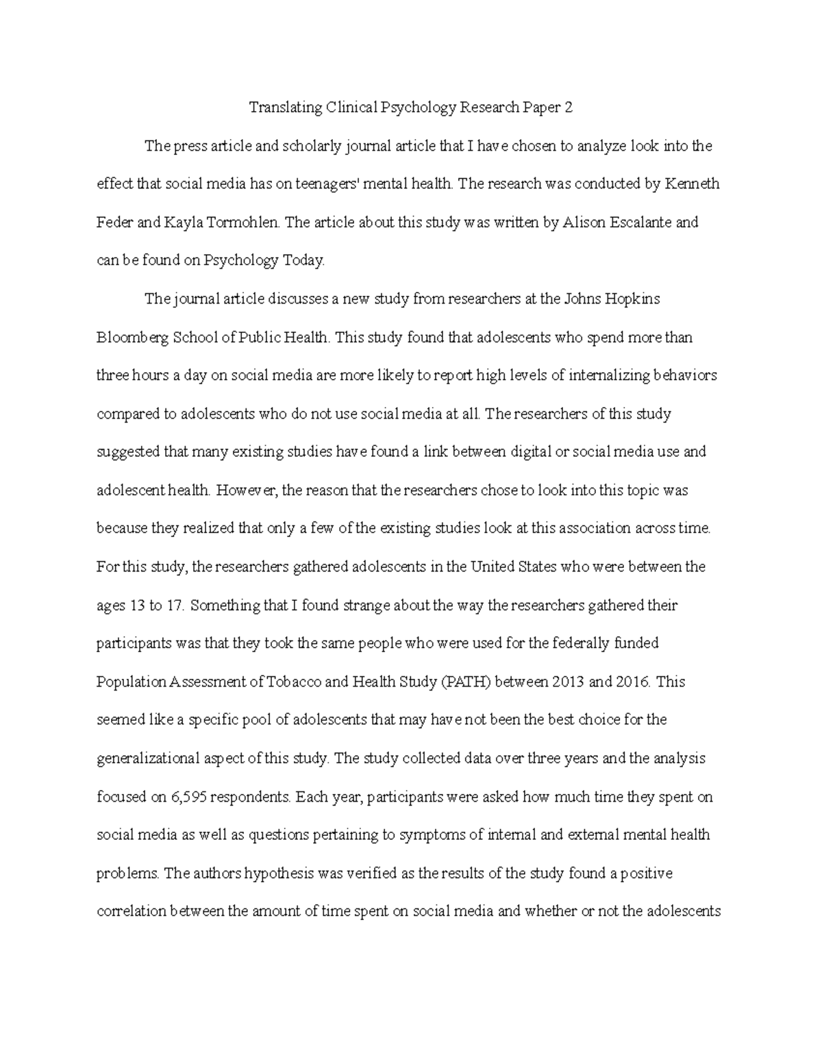 Clinical psych paper 2 - essay 2 - Translating Clinical Psychology ...