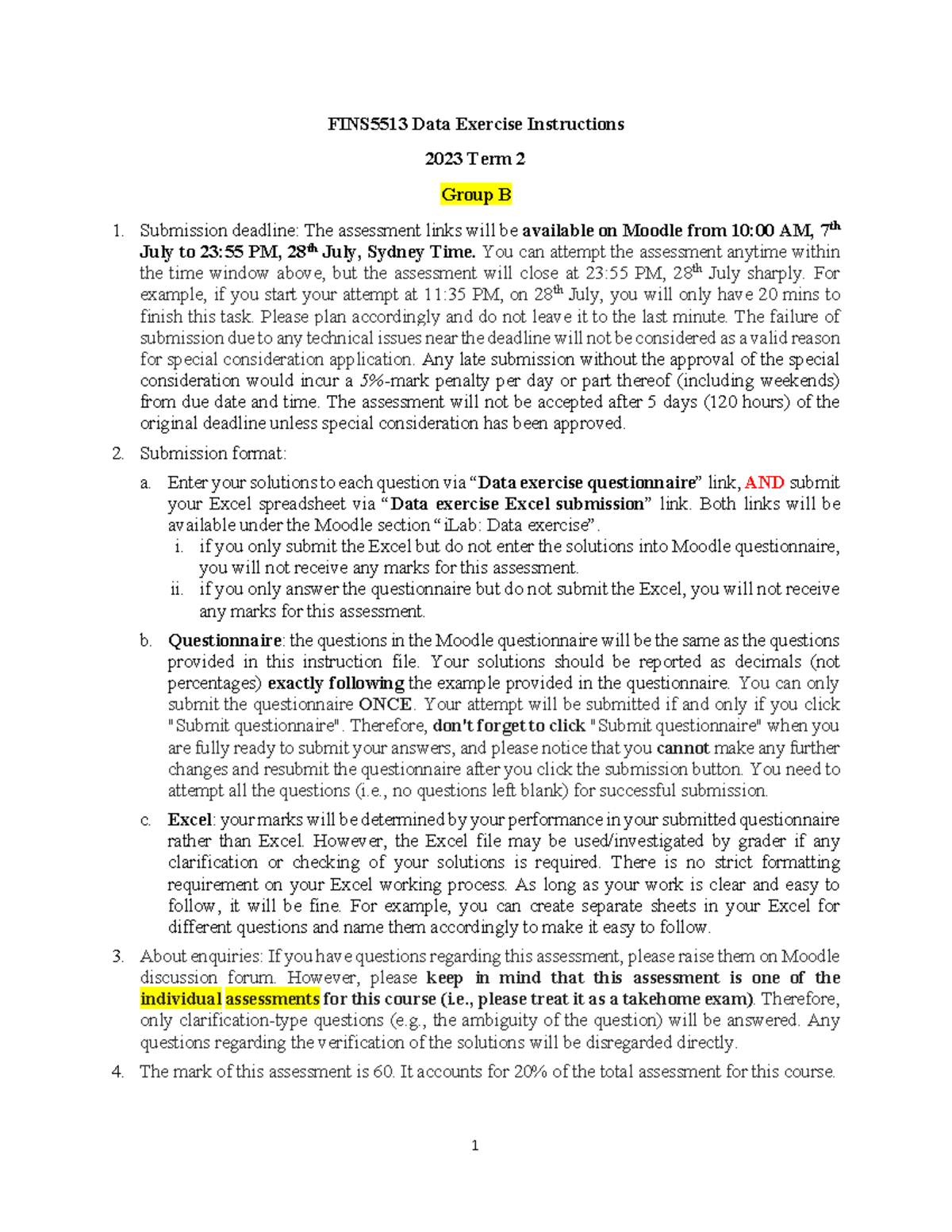 Data Exercise Instruction (Group B) - FINS5513 Data Exercise Instructions 2023 Term 2 Group B ...