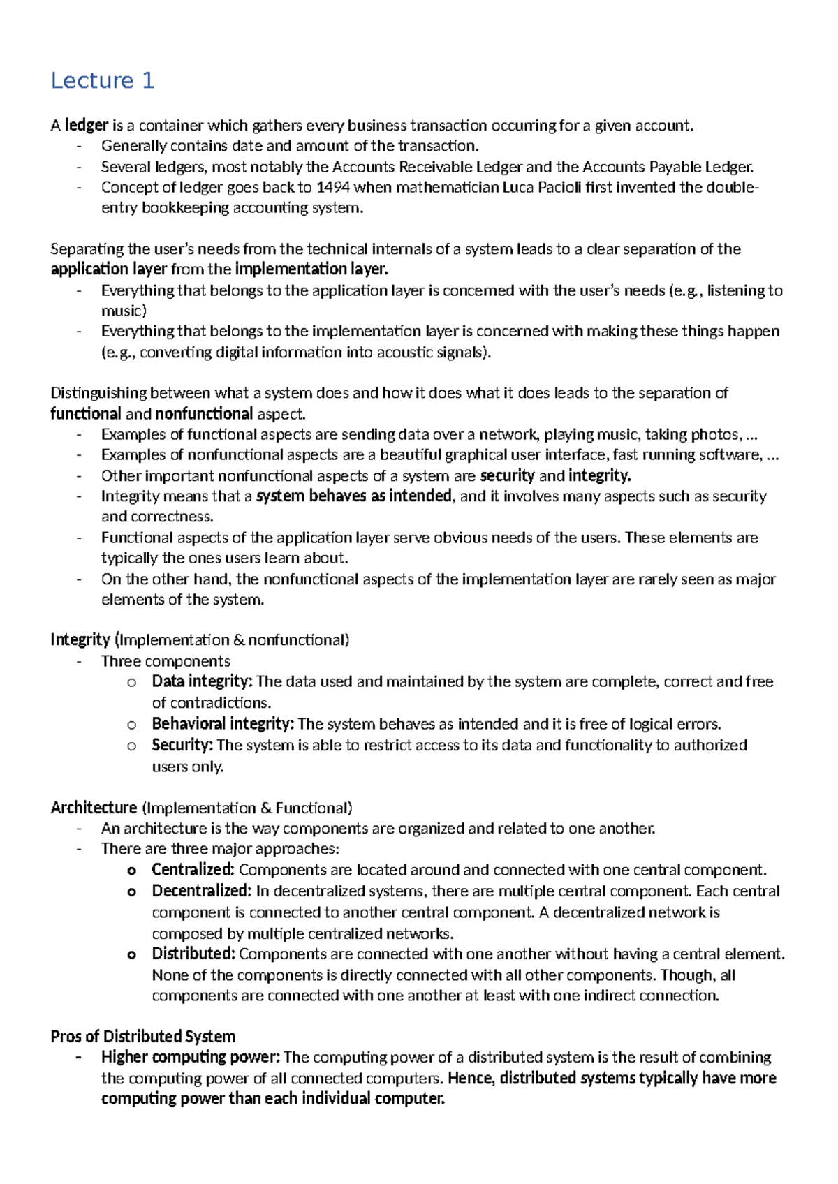Non attending summary - Lecture 1 A ledger is a container which gathers every business ...