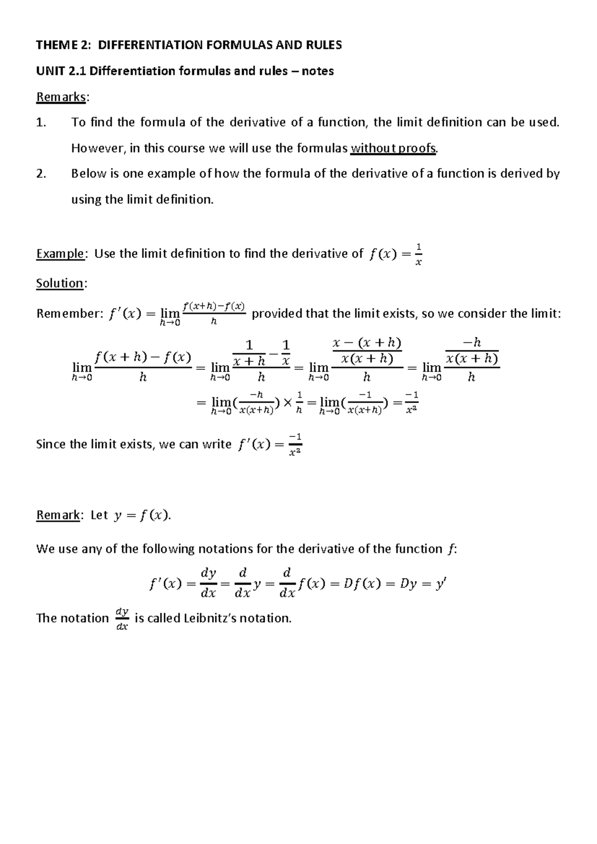 Unit 2.1 - THEME 2: DIFFERENTIATION FORMULAS AND RULES UNIT 2 ...
