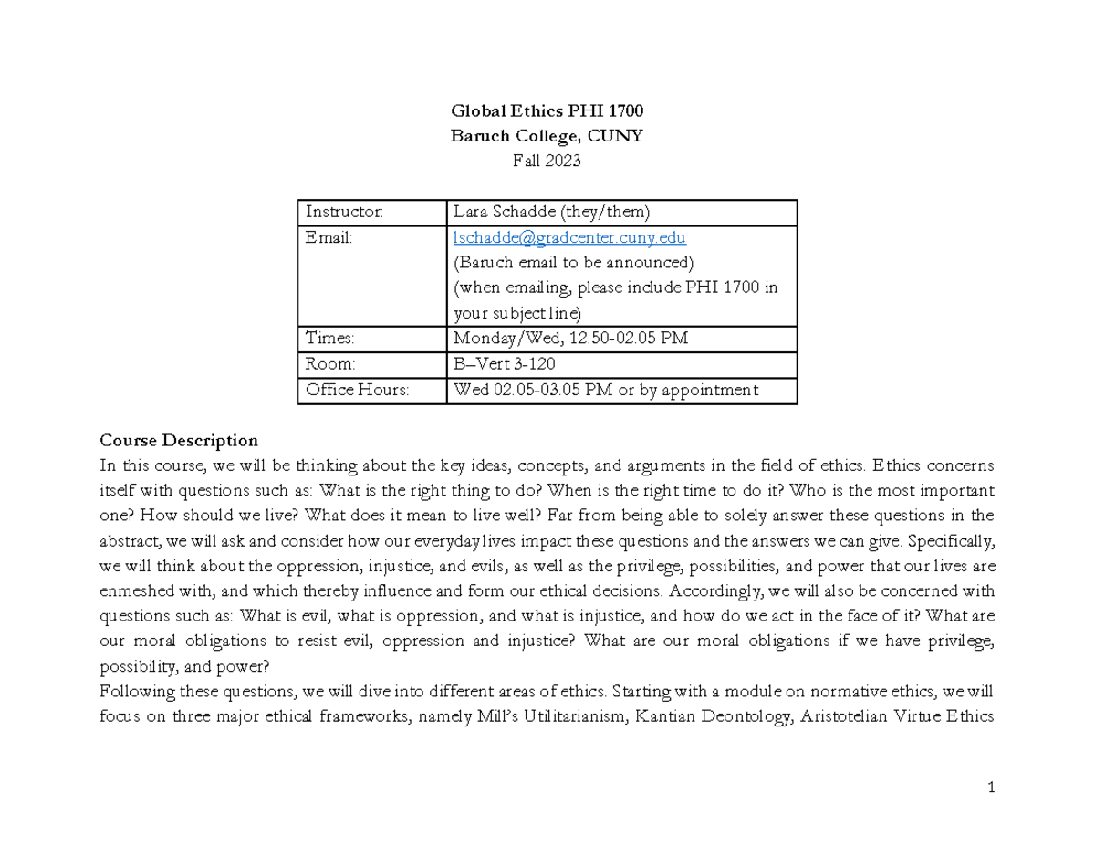 Global Syllabus - sylabus - Global Ethics PHI 1700 Baruch College, CUNY ...