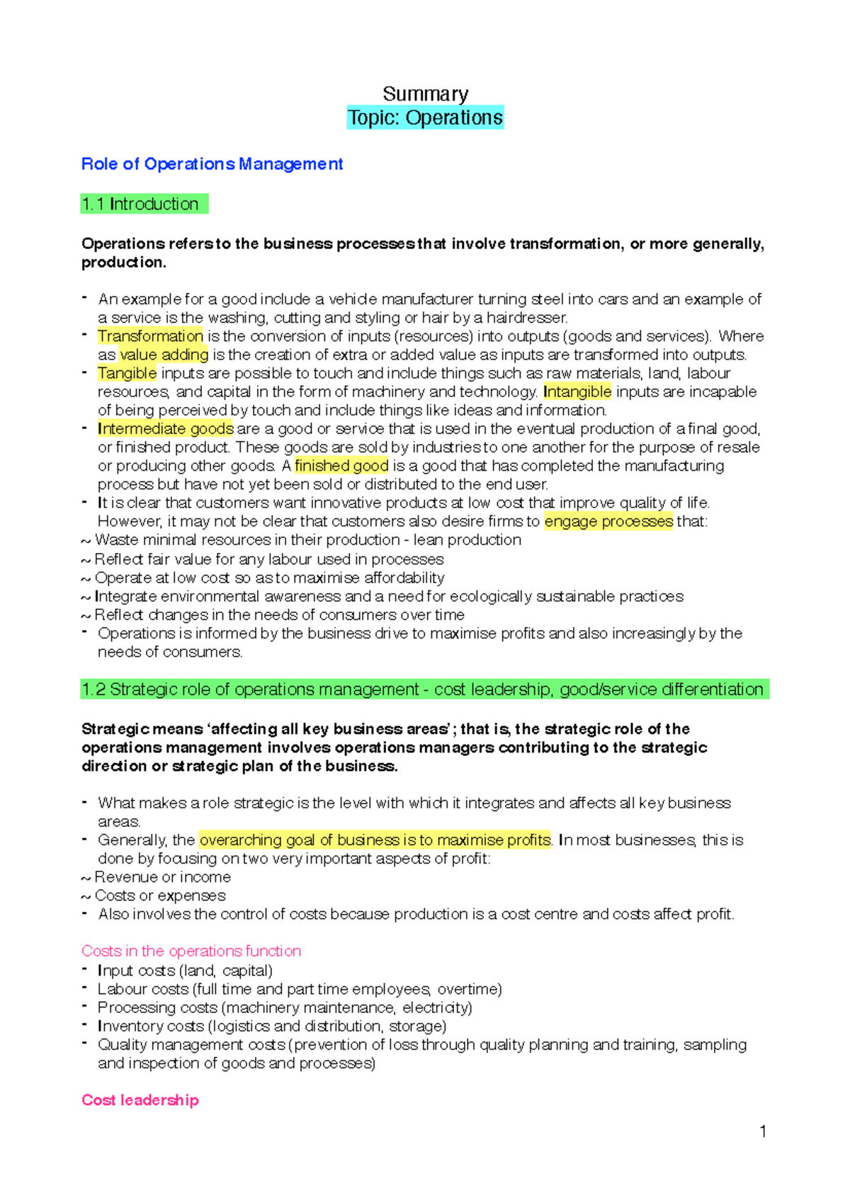 Business Studies Notes - Summary! Topic: Operations! ! Role of ...