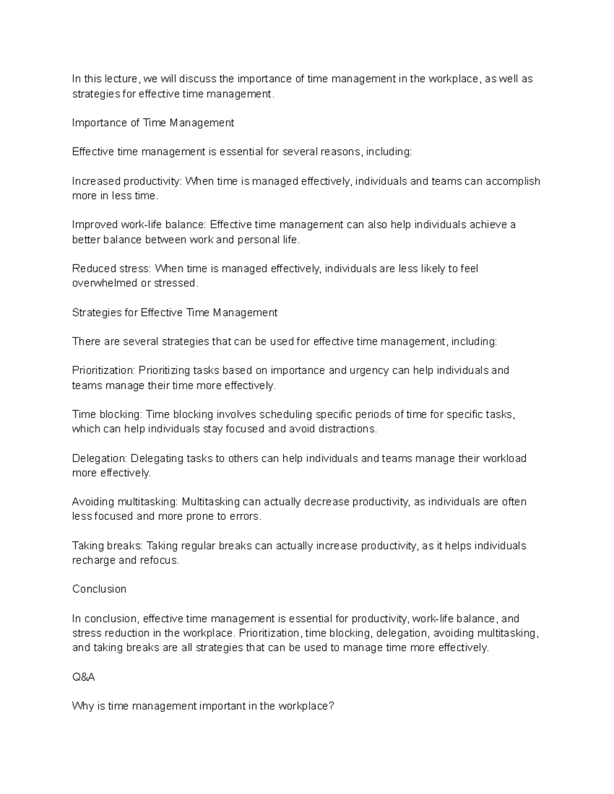 Lecture #32 Time Management in the Workplace - In this lecture, we will ...