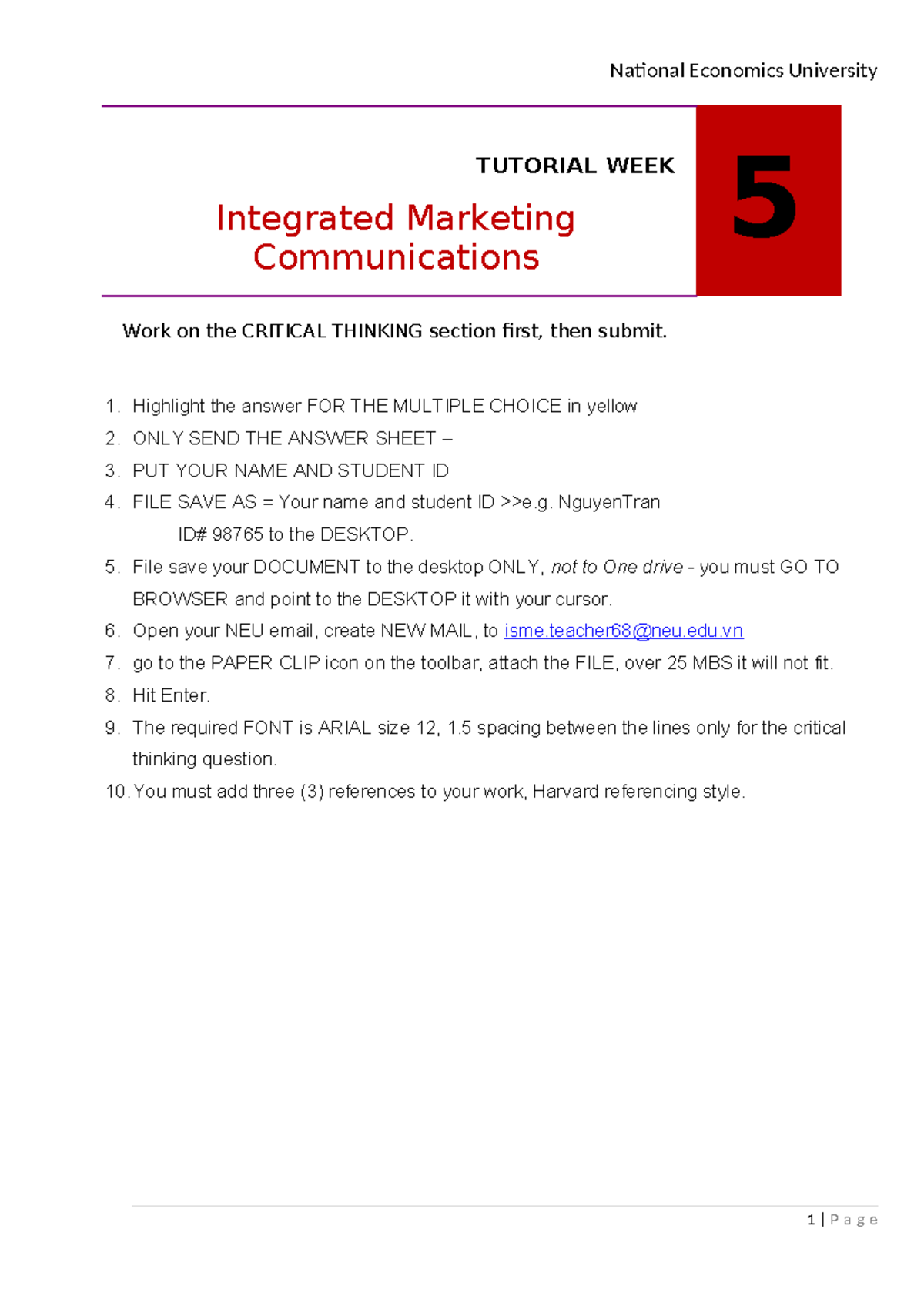 5 week Student COPY - qqq - TUTORIAL WEEK Integrated Marketing Communications 5 Work on the ...